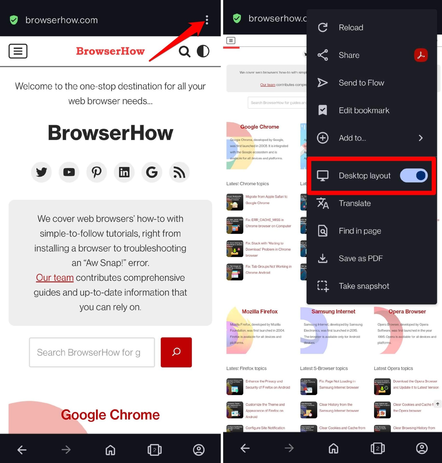 Enable the Desktop Site Mode in Opera on Android